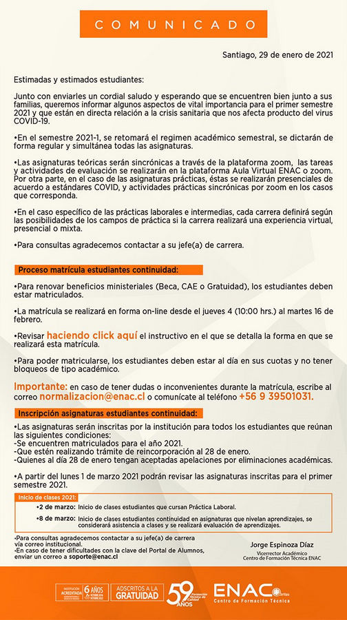 Comunicado Institucional - Matrícula Continuidad 2021 - ENAC